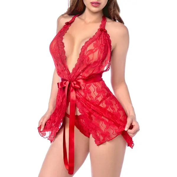 MAPALE Bow Lace Babydoll Chemise & Thong Set - Red