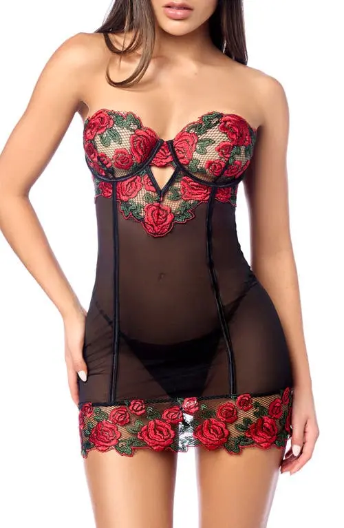 MAPALE Embroidered Underwire Chemise & G-string Set