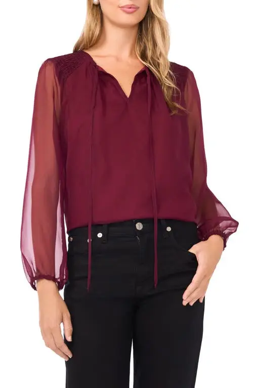 Vince Camuto Sheer Sleeve Tie Neck Top - Boysenberry