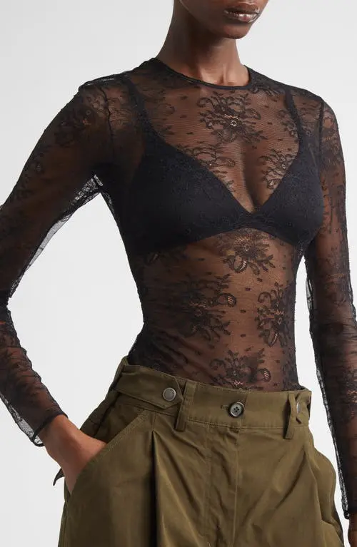 Dolce & Gabbana Long Sleeve Sheer Floral Lace Bodysuit - Nero