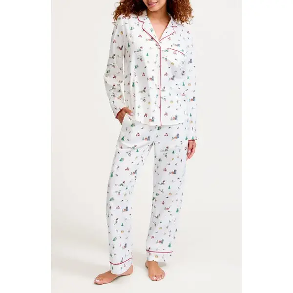 PETITE PLUME Holiday Print Cotton Twill Pajamas - White