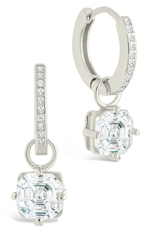 Sterling Forever Asscher Cubic Zirconia Drop Hoop Earrings - Silver