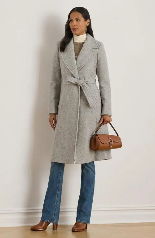 Ralph Lauren Longline Wrap Coat - Grey/cream Herringbone