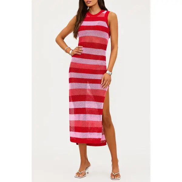 Beach Riot Holly Rose Sheer Open Knit Cover-up Dress - Ruby Stripe Crochet