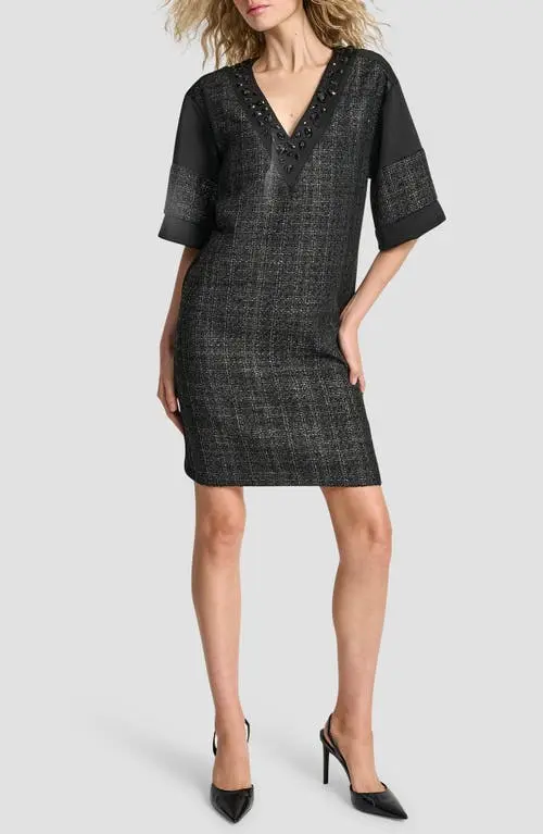 Dkny Embellished Neck Mixed Media Shift Dress