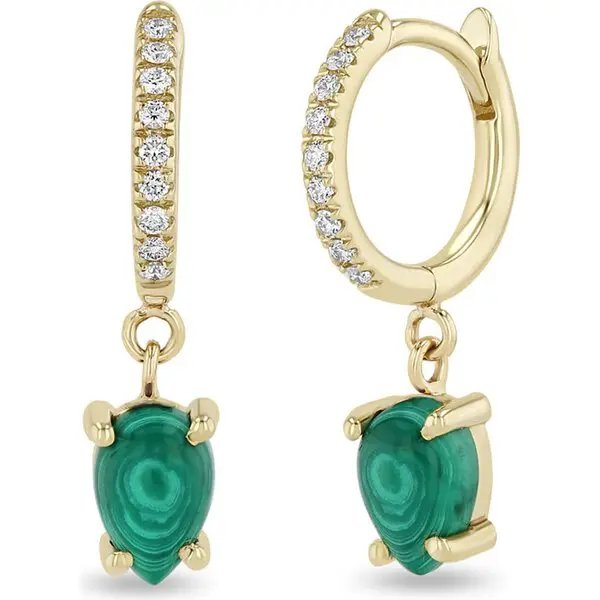 Zoe Chicco 14k Gold Malachite And Diamond Drop Hoop Earrings - 14k Yellow Gold