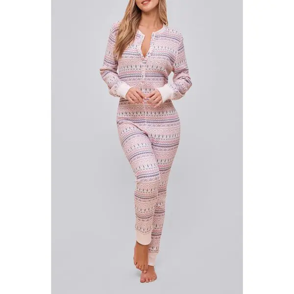 PAPINELLE Fair Isle Waffle Knit Pajama Jumpsuit - Winter Rose