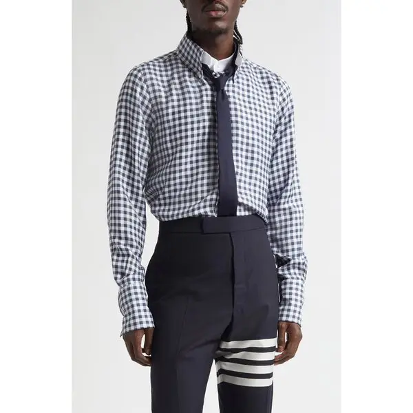 Thom Browne Gingham Straight Fit Convertible Silk Twill Button-down Shirt