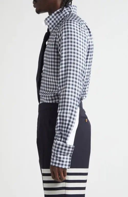 Thom Browne Gingham Straight Fit Convertible Silk Twill Button-down Shirt