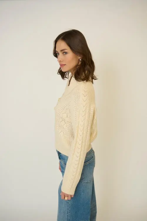 Central Park West Shawl Collar Pointelle Cable Pullover