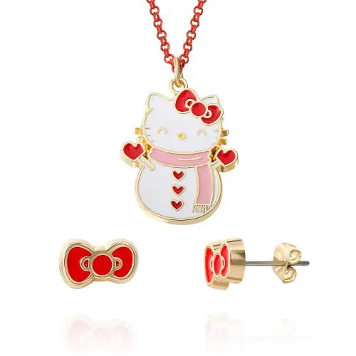 HELLO KITTY Snowman Pendant Necklace And Stud Earring Set - Yellow Gold/ White/ Red