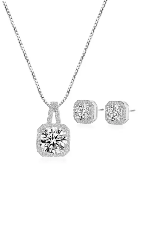 HOLLYWOOD SENSATION Ariana Halo Necklace And Stud Earring Set - Silver