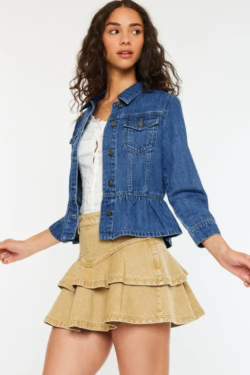 KANCAN Marilou Peplum Denim Jacket - Medium Wash