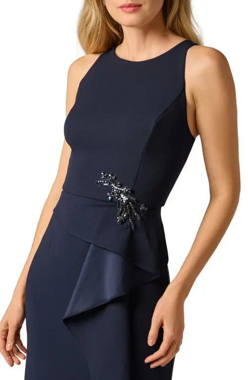 Adrianna Papell Beaded Appliqué Ruffle Crepe Gown - Midnight
