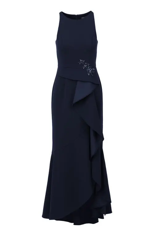 Adrianna Papell Beaded Appliqué Ruffle Crepe Gown - Midnight