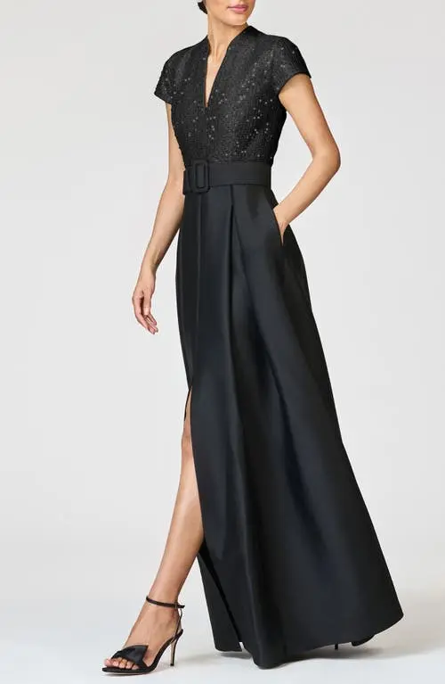 Sachin & Babi Arden Mixed Media Belted Gown - Black