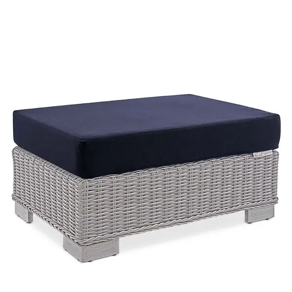 MODWAY Conway Sunbrella Outdoor Patio Wicker Rattan Ottoman - Light Gray Navy