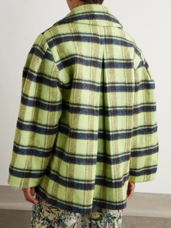GANNI Oversized Double-breasted Checked Brushed-wool Coat