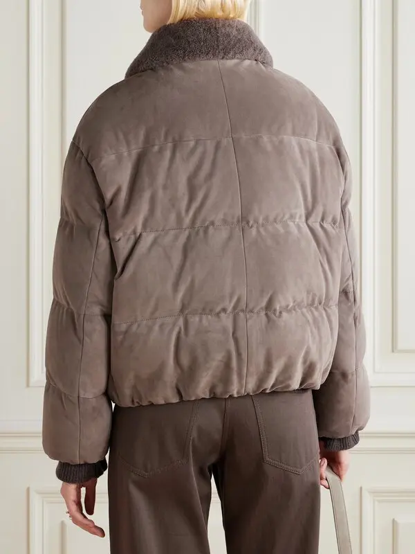Brunello Cucinelli Bead-embellished Shearling-trimmed Padded Quilted Suede Down Jacket