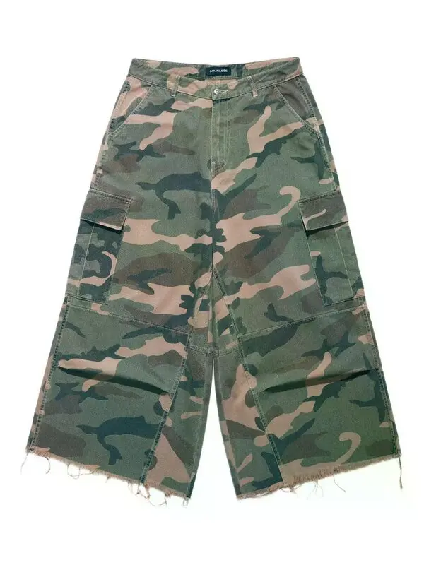 MAINLESS Camouflage Print Wide Leg Trousers - Green