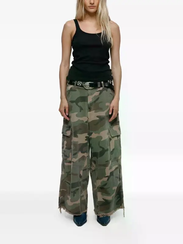 MAINLESS Camouflage Print Wide Leg Trousers - Green