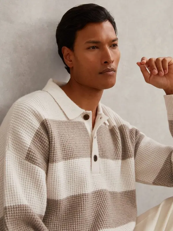 REISS Horice Waffle-knit Stripe Half-button Jumper - Off White/putty