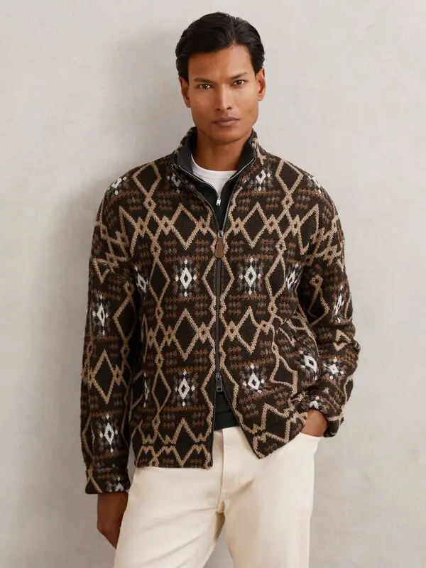 REISS Geometric Fair Isle Zip-through Jumper With Wool