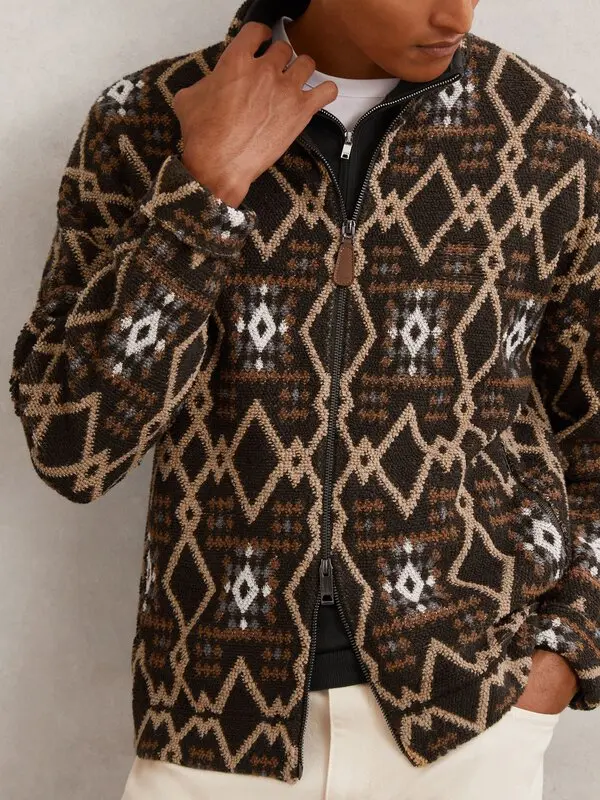 REISS Geometric Fair Isle Zip-through Jumper With Wool