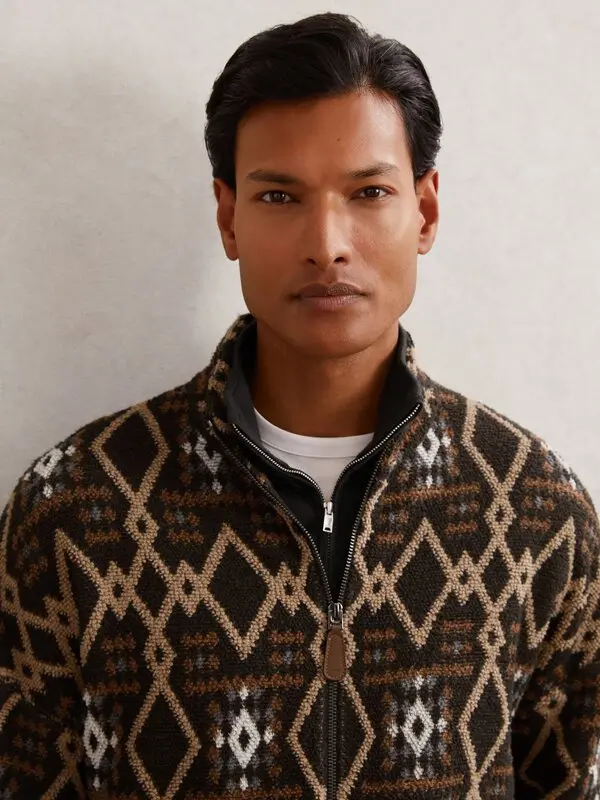 REISS Geometric Fair Isle Zip-through Jumper With Wool
