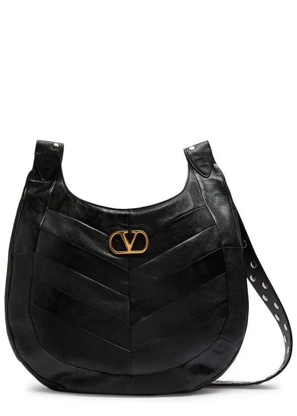 Valentino Garavani Logo-plaque Chevron Leather Hobo Bag - Black