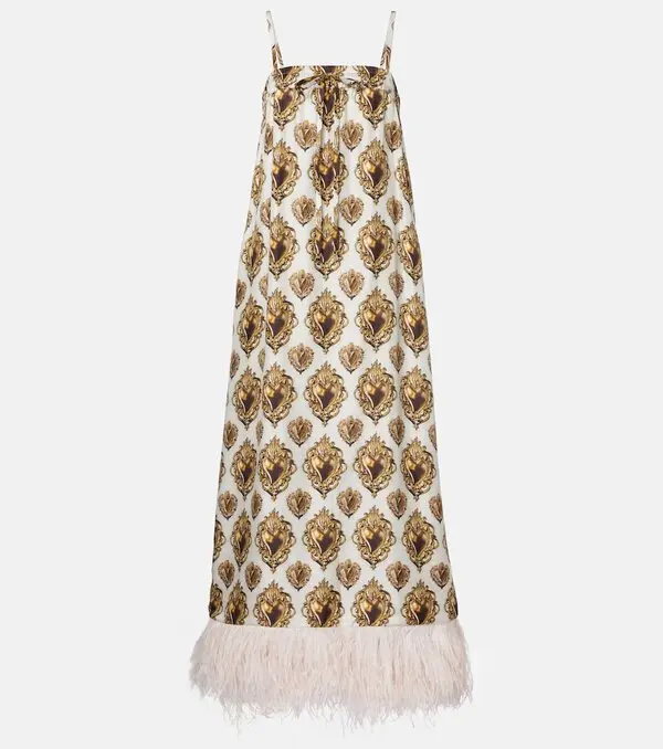 Dolce & Gabbana Feather-trimmed Printed Silk Maxi Dress - Multicoloured