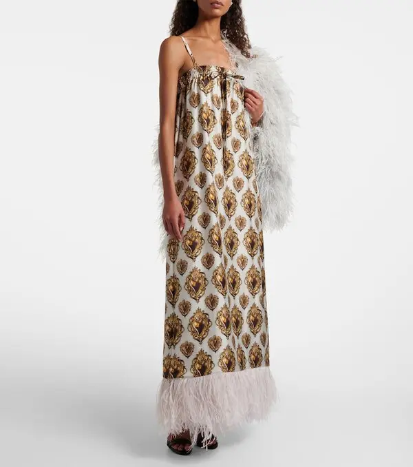 Dolce & Gabbana Feather-trimmed Printed Silk Maxi Dress