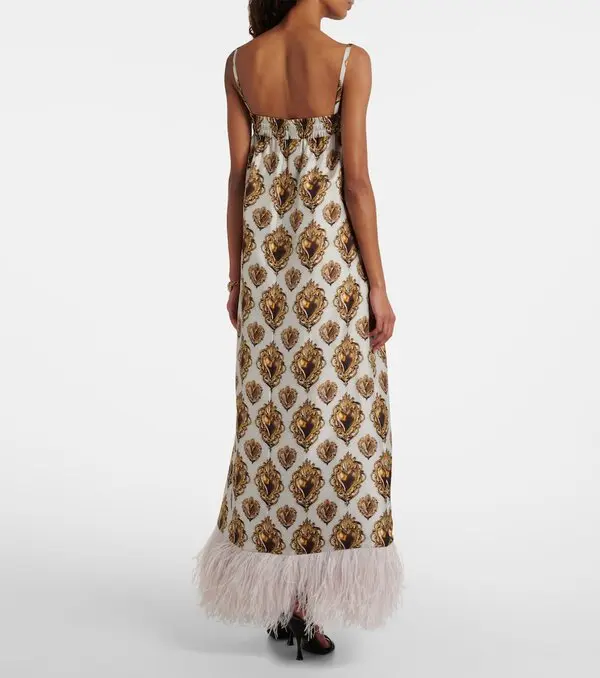 Dolce & Gabbana Feather-trimmed Printed Silk Maxi Dress