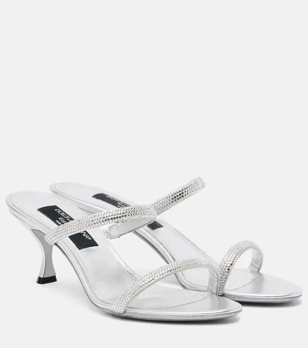 Dolce & Gabbana 60 Crystal-embellished Satin Mules - Silver