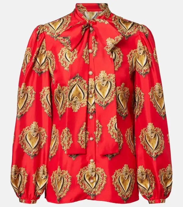 Dolce & Gabbana Printed Tie-neck Silk Blouse - Red