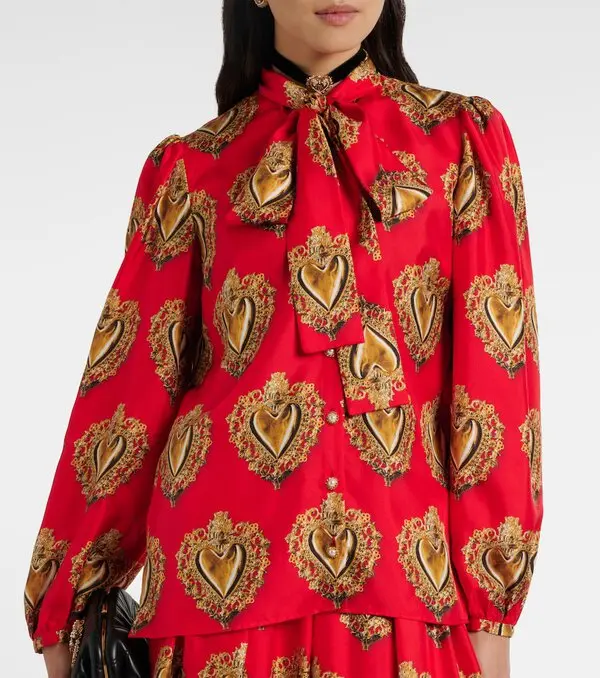 Dolce & Gabbana Printed Tie-neck Silk Blouse
