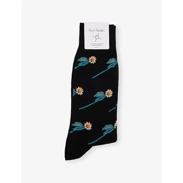 Paul Smith Flower-print Cotton-blend Ankle Socks - Black