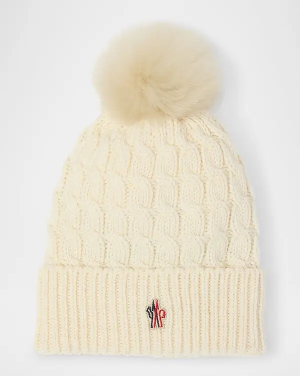 Moncler Cable-knit Beanie With Fur Pom - White
