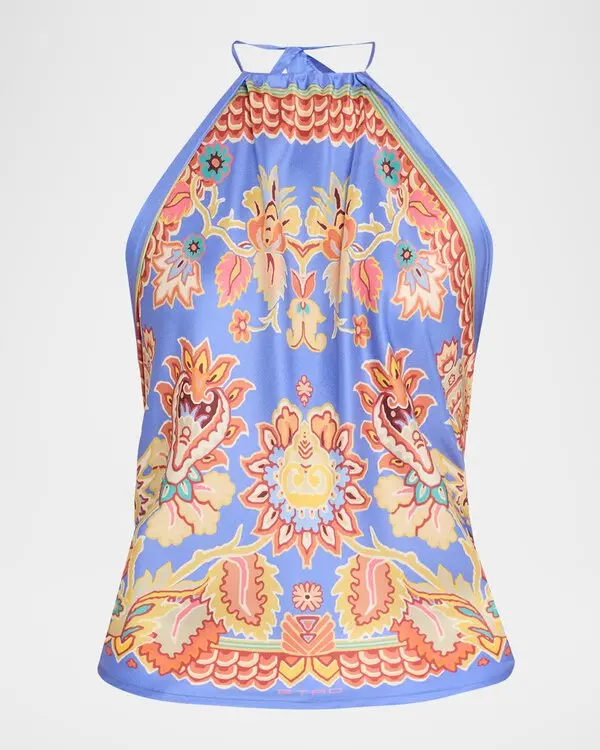Etro Floral Silk Halter Top - Print On Pale Blue Base