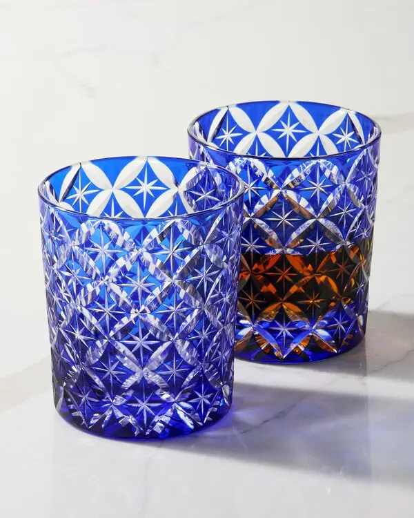 Neiman Marcus 8 Oz. Cased Glass Tumblers, Set Of 2 - Blue