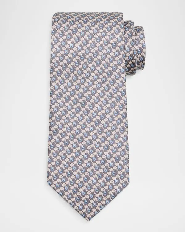 FERRAGAMO Micro-elephant And Gancio Jacquard Silk Tie - Grey