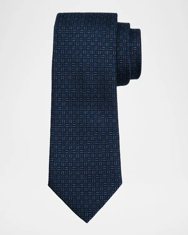 FERRAGAMO Alternating Micro-gancini Jacquard Silk Neck Tie - Blue
