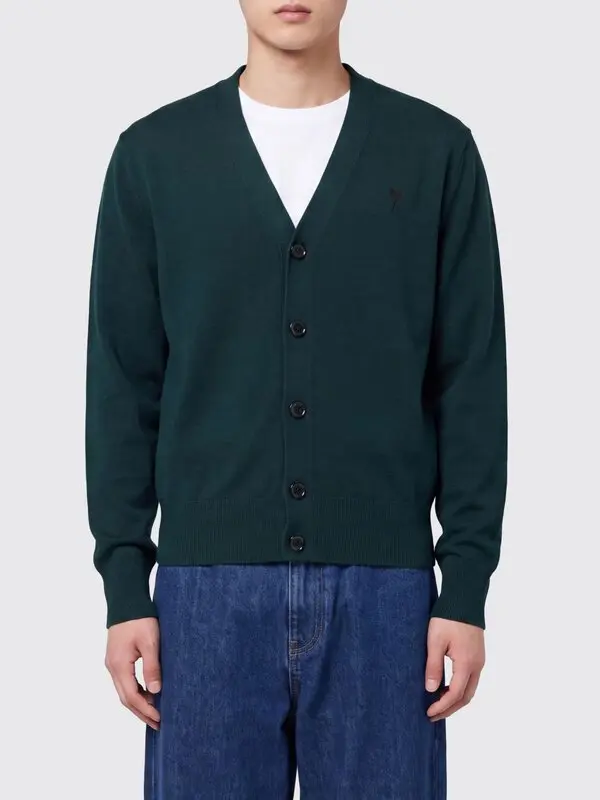 AMI Paris V-neck Wool Cardigan With Embroidered Logo - Green