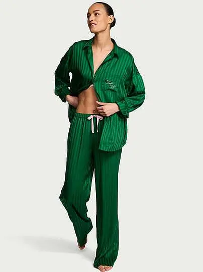 Victoria's Secret Signature Satin Oversized Long Pajama Set - Green