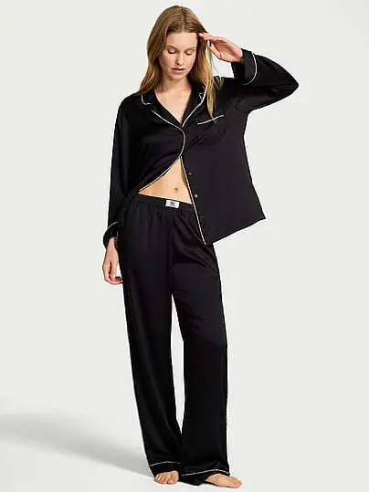 Victoria's Secret Signature Satin Shine Long Pajama Set - Black