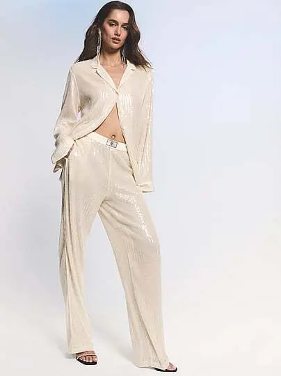 Victoria's Secret Signature Satin Shine Long Pajama Set - White,ivory