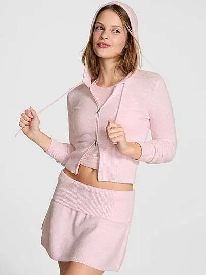 Pink Front-zip Shrunken Sweater Hoodie - Pink