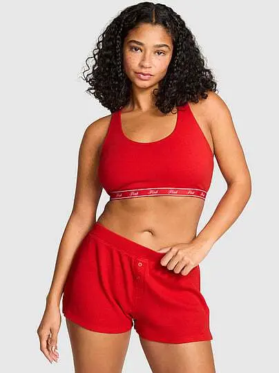Pink Thermal Henley Pajama Shorts - Red