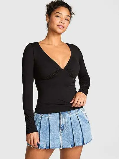 Pink Base Stretch Ruched Long-sleeve Tee - Black