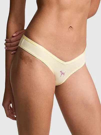 Pink Logo Cotton Tanga Panty - Beige